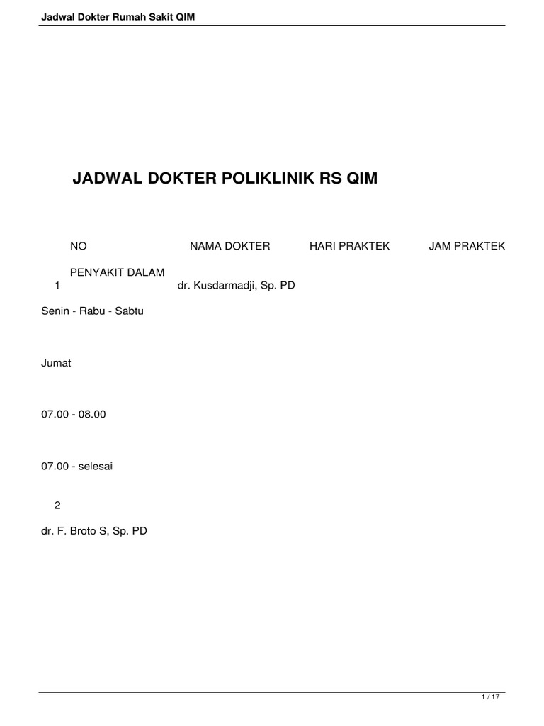 Jadwal Dokter Rumah Sakit Qim PDF | PDF