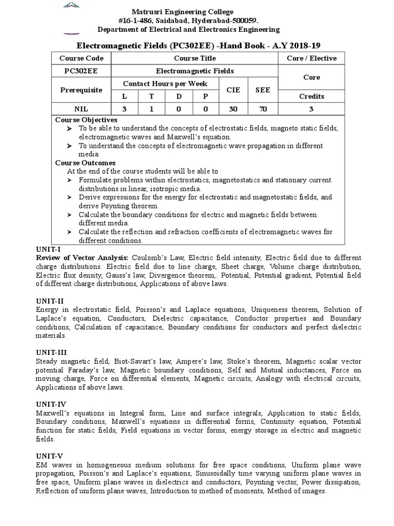 EMF 2018 19 HandBook | PDF | Electric Field | Maxwell's Equations