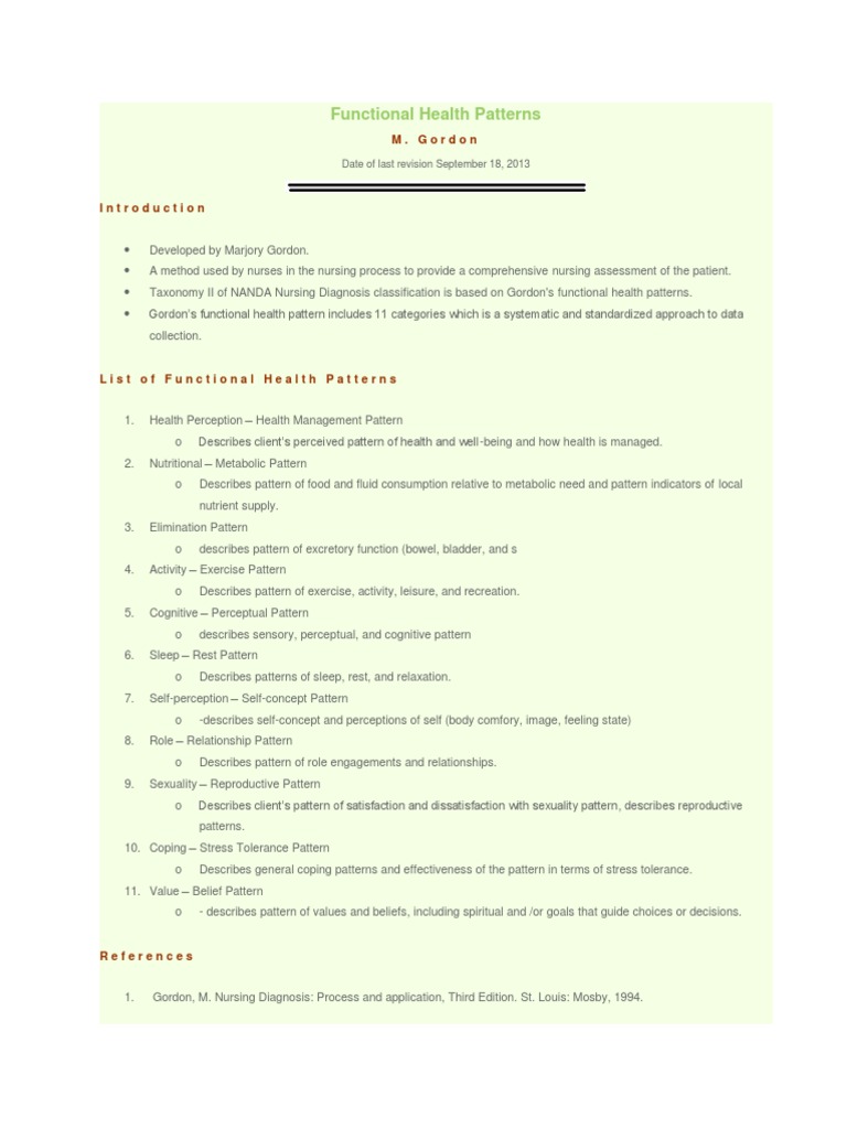 Functional Health Patterns: M. Gordon | PDF | Perception | Clinical ...