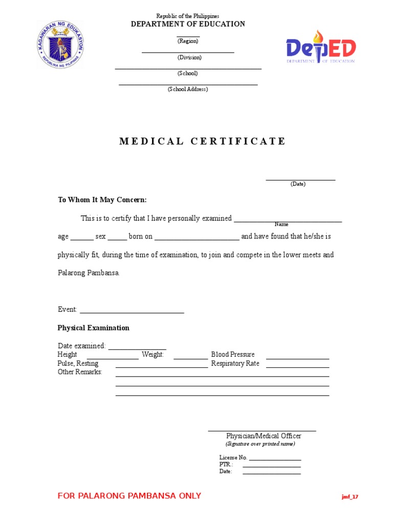 Medical Certificate: Department of Education | PDF