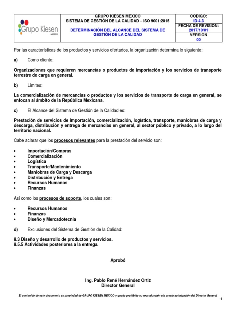 Alcance del SGC ISO 9001 en Kiesen México | PDF | Gestión de la calidad ...
