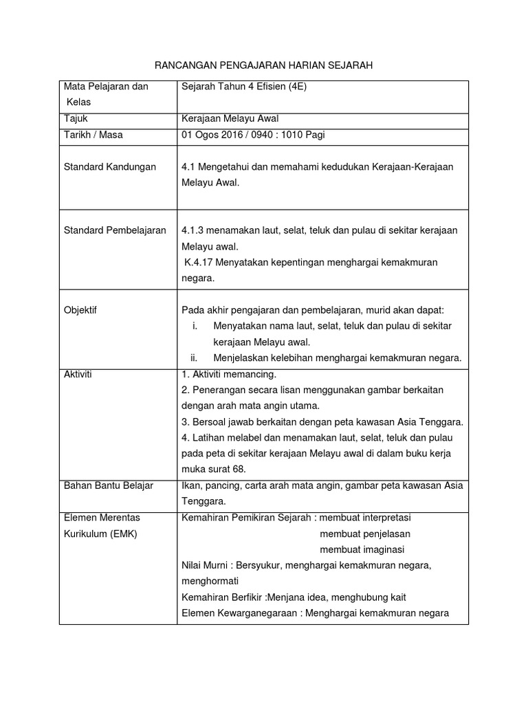 Rancangan Pengajaran Harian Sejarah | PDF | Perjalanan