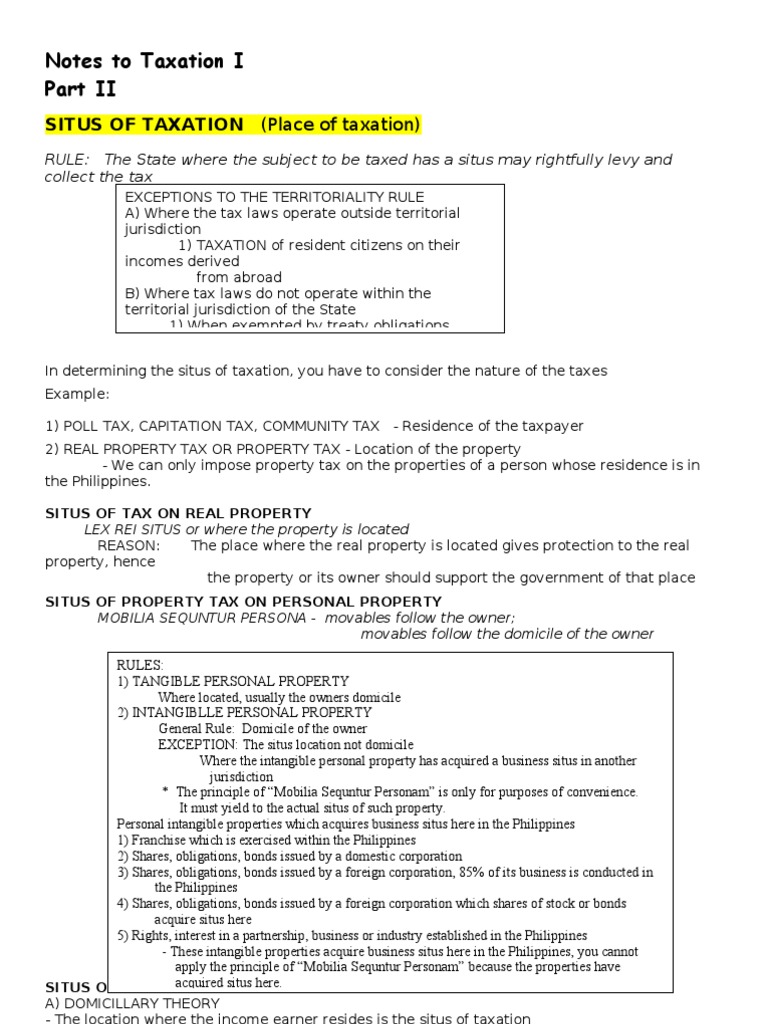 Notes To Taxation I PartII | PDF | Double Taxation | Taxpayer