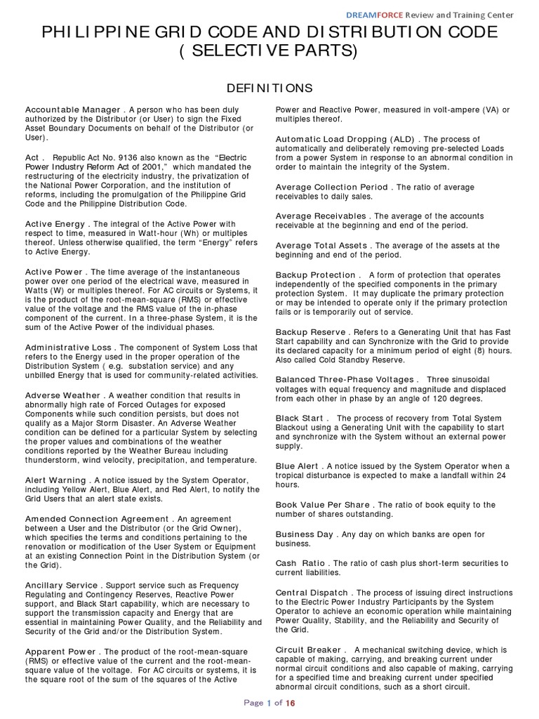 Philippine Grid & Distribution Code Definitions | PDF | Electrical Grid ...