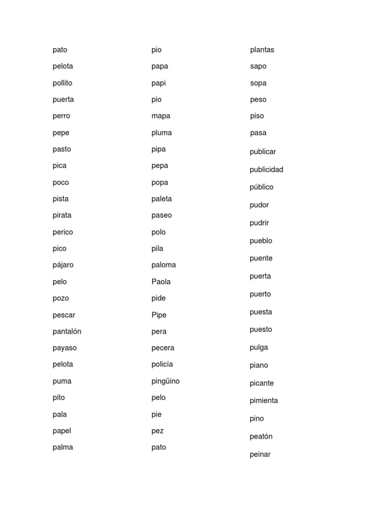 Dictado para Niños Palabras Con La Letra P | PDF | Naturaleza
