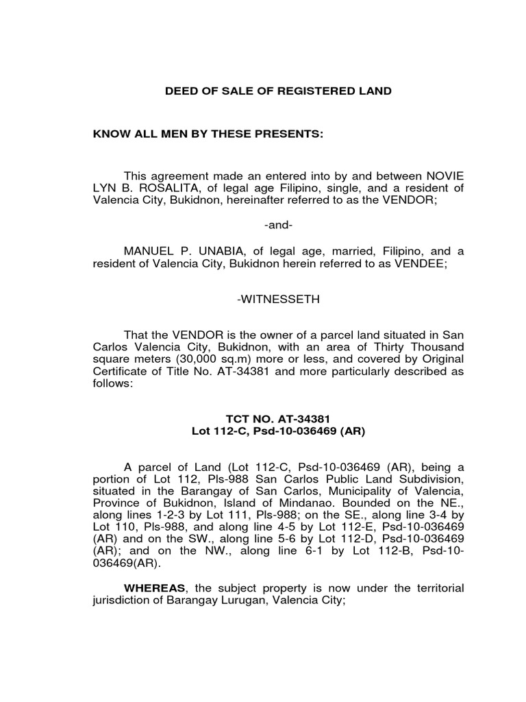 Deed of Sale of Registered Land | PDF | Deed | Notary Public
