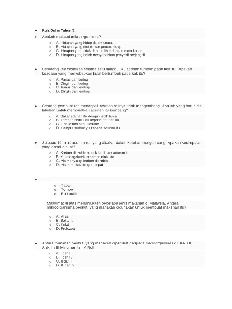 Kuiz Sains Tahun 5 | PDF