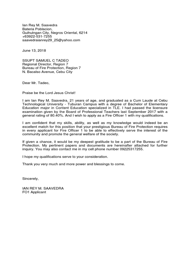 Application Letter For FO1 BFP | PDF