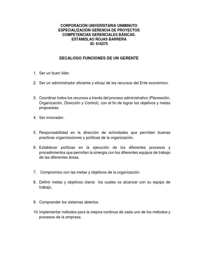 Decálogo de Funciones del Gerente | PDF