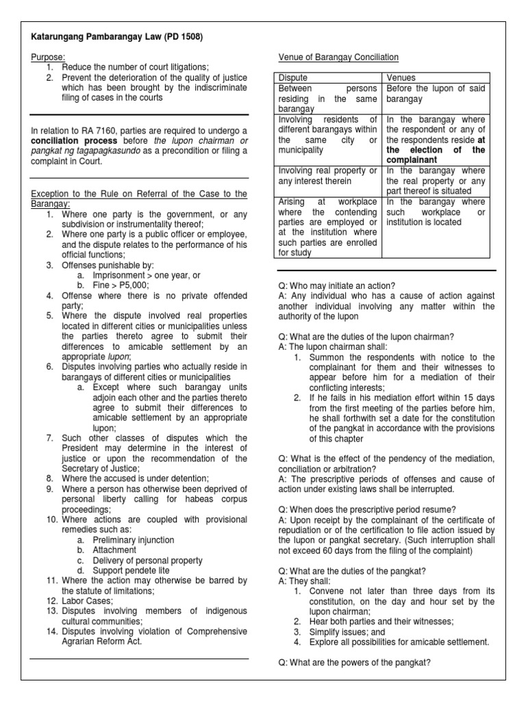 Pangkat NG Tagapagkasundo As A Precondition or Filing A: Katarungang ...