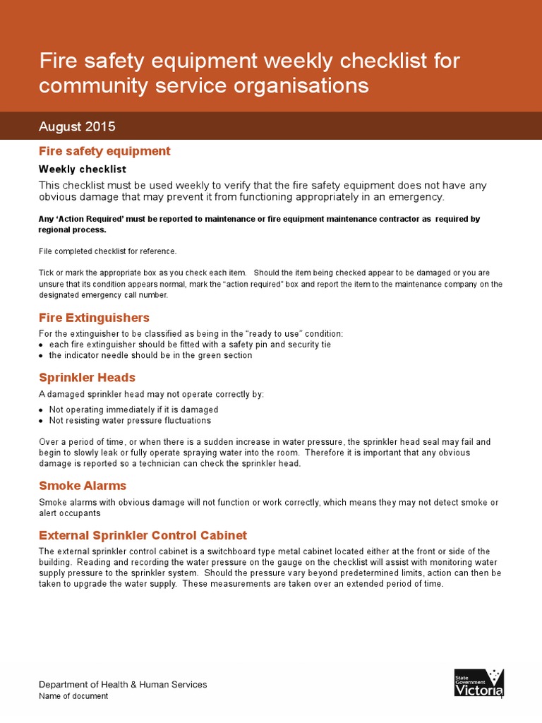 Fire Safety Equipment Weekly Checklist For Community Service ...