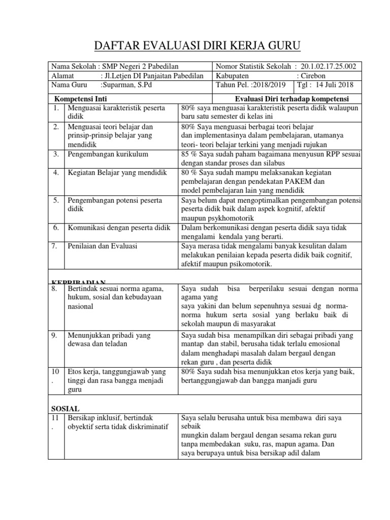 Daftar Evaluasi Diri Kerja Guru | PDF