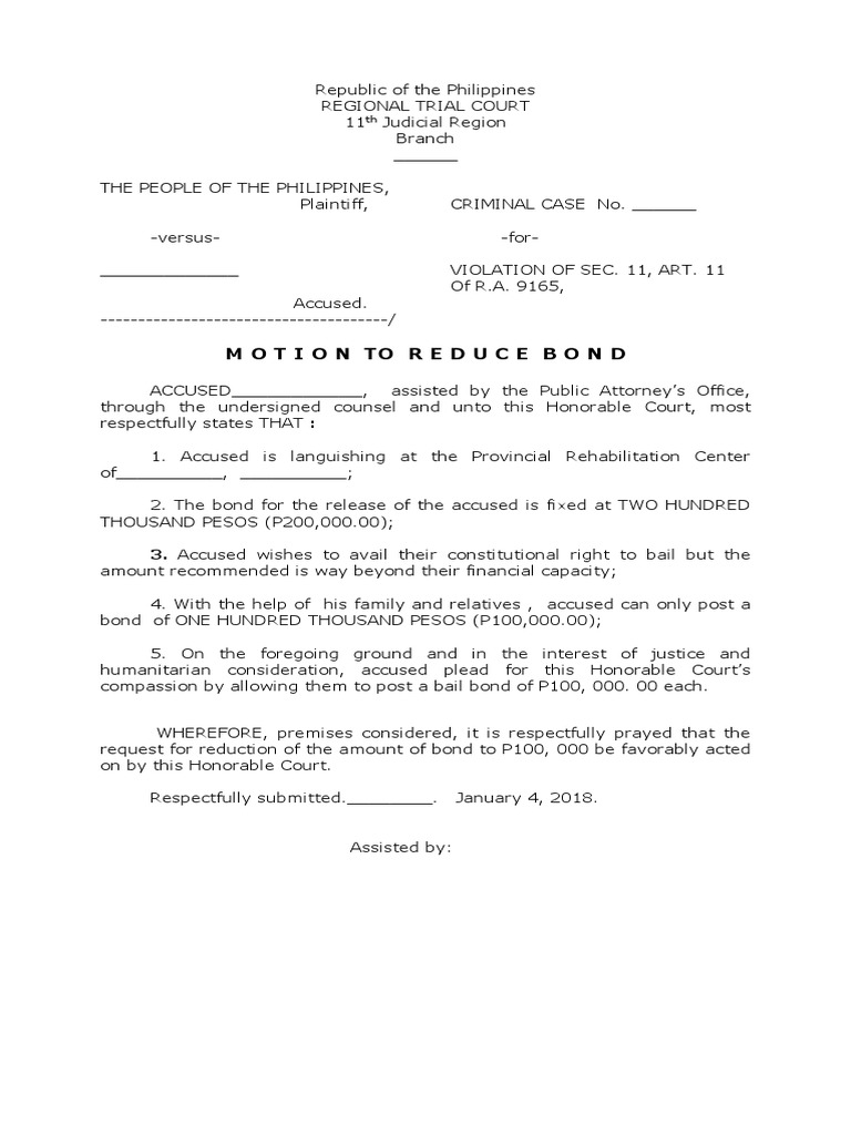 Motion To Reduce Bond-Draft | PDF