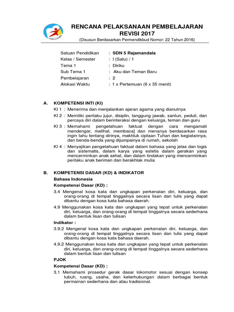 RPP Kelas 1 Tema 1 ST1 P2 | PDF