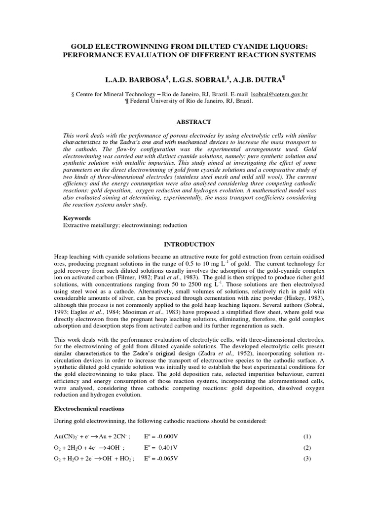 Gold Electrowinning From Diluted Cyanide Liquors | PDF | Electric ...