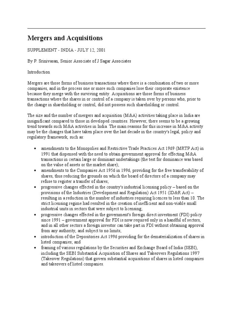 Legal & Regulatory Framework of M&A | PDF | Mergers And Acquisitions ...