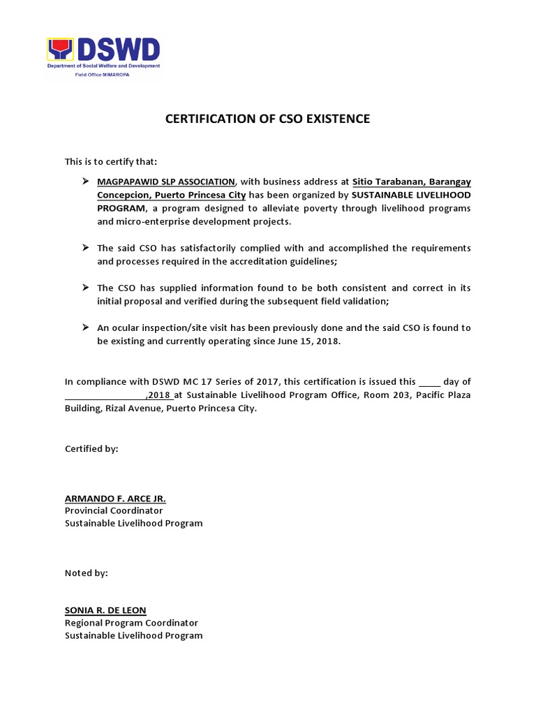 Certification of Cso Existence | PDF