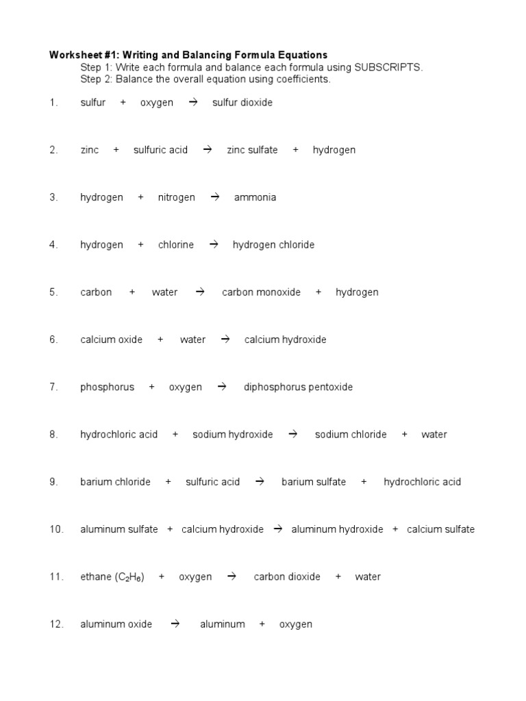 Writing Chemical Equations Worksheet