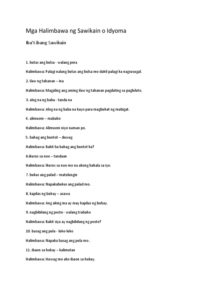 Mga Halimbawa NG Sawikain o Idyoma | PDF