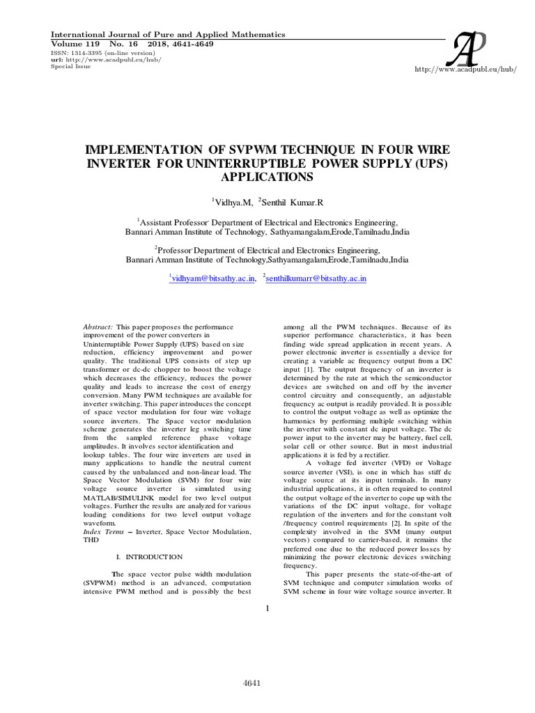 Implementation of SVPWM Technique in Four Wire Inverter for UPS ...