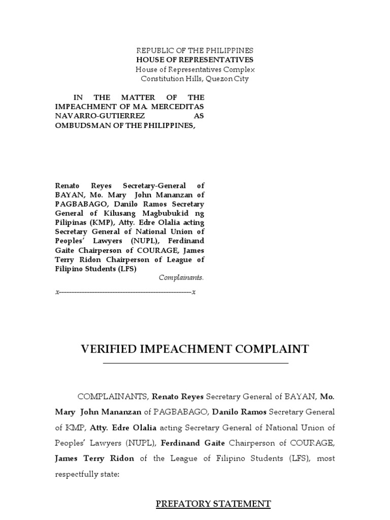 Impeachment Complaint Vs Ombudsman Merceditas Gutierrez | PDF ...
