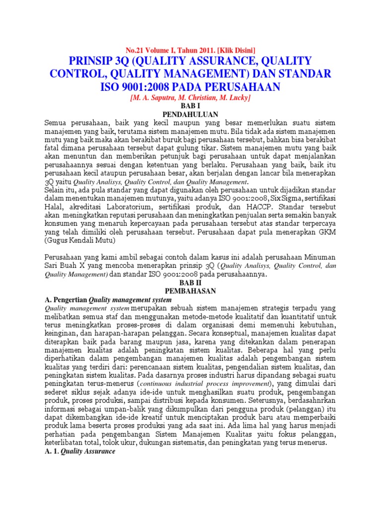 PRINSIP 3Q (QUALITY ASSURANCE, QUALITY CONTROL, QUALITY MANAGEMENT) DAN ...