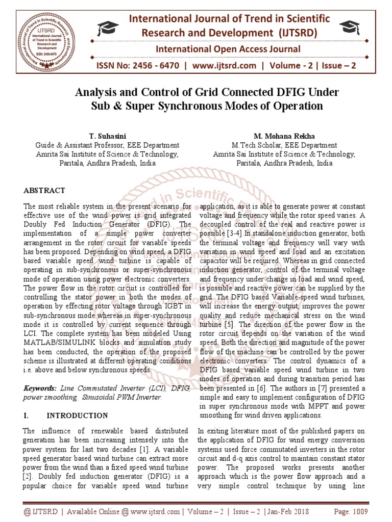 Analysis and Control of Grid Connected DFIG Under Sub & Super Synchronous Modes of Operation ...