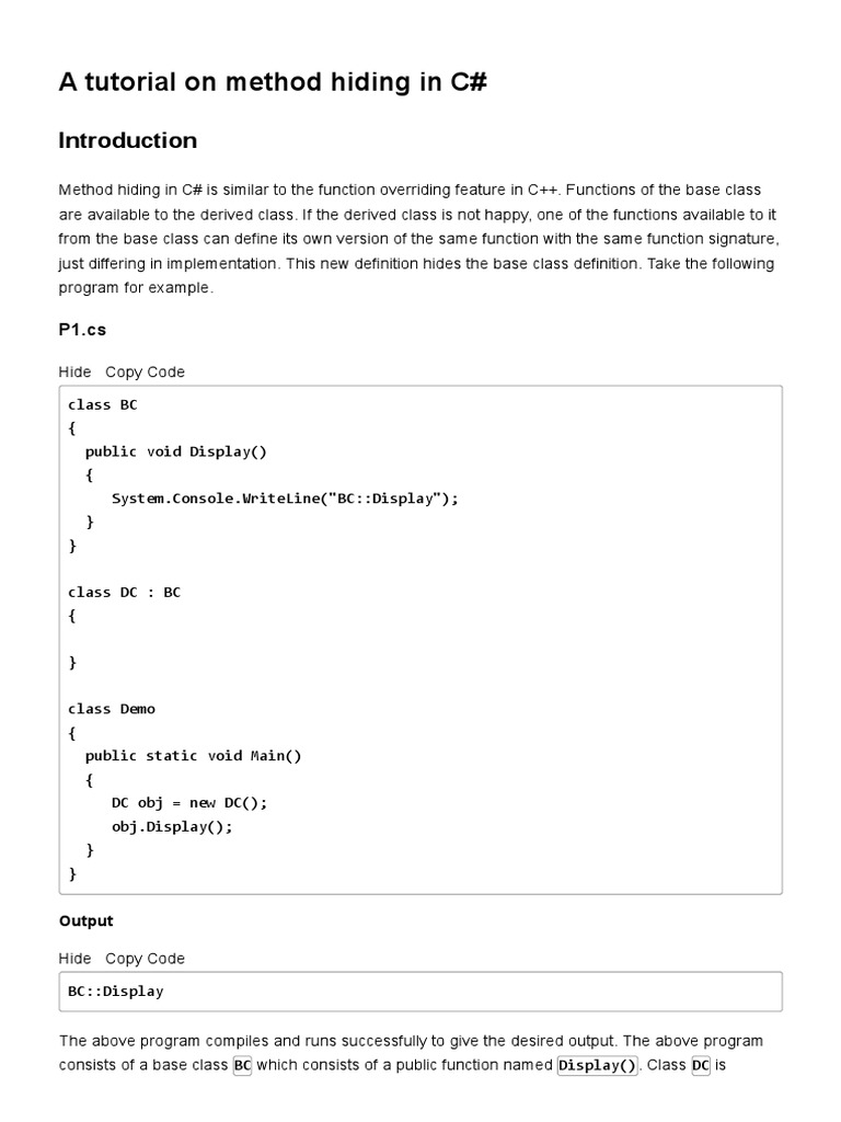 Method Hiding in C# - CodeProject PDF | PDF | Inheritance (Object Oriented Programming) | Class ...