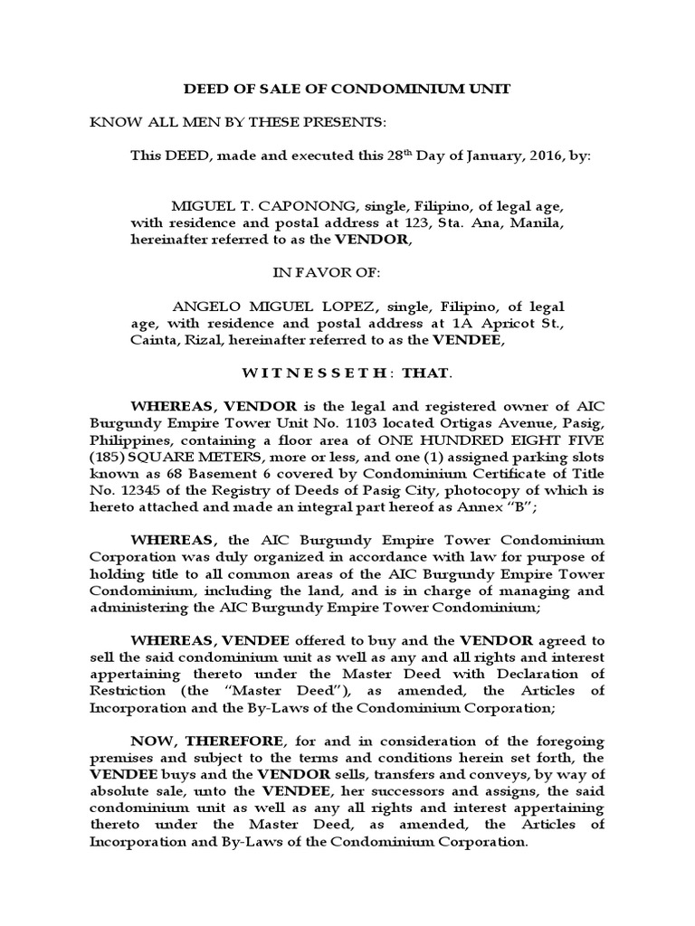 Deed of Sale | Condominium | Property