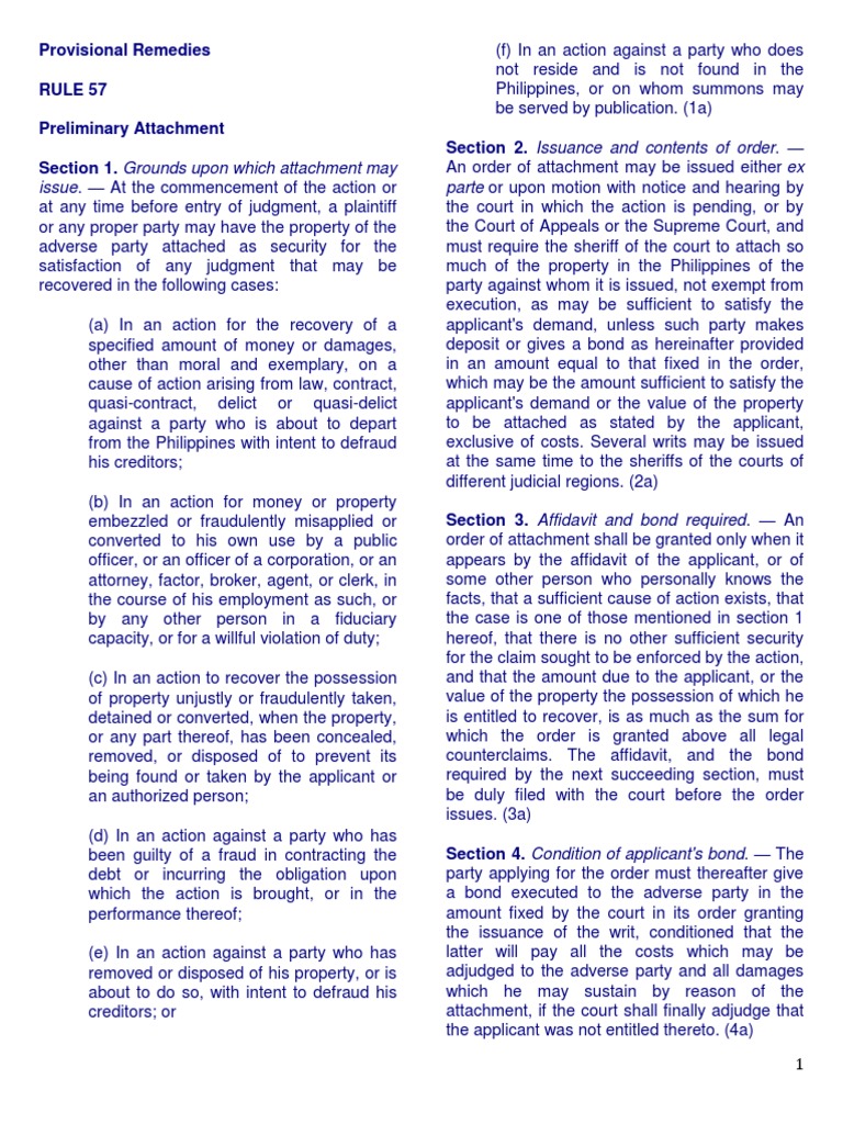 Provisional Remedies Rule 57 | PDF | Judgment (Law) | Summons