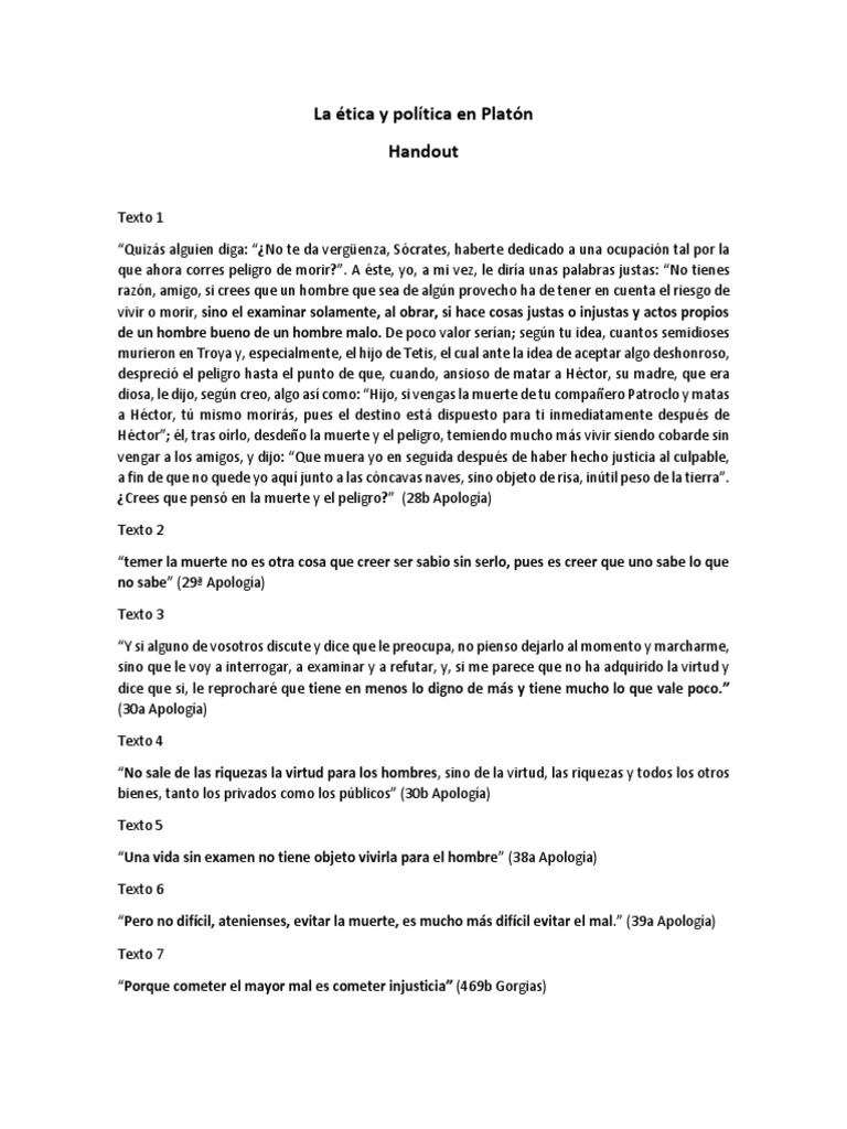 Handout - Ética y Politica en Platón | PDF | Disculpa (Platón) | Platón