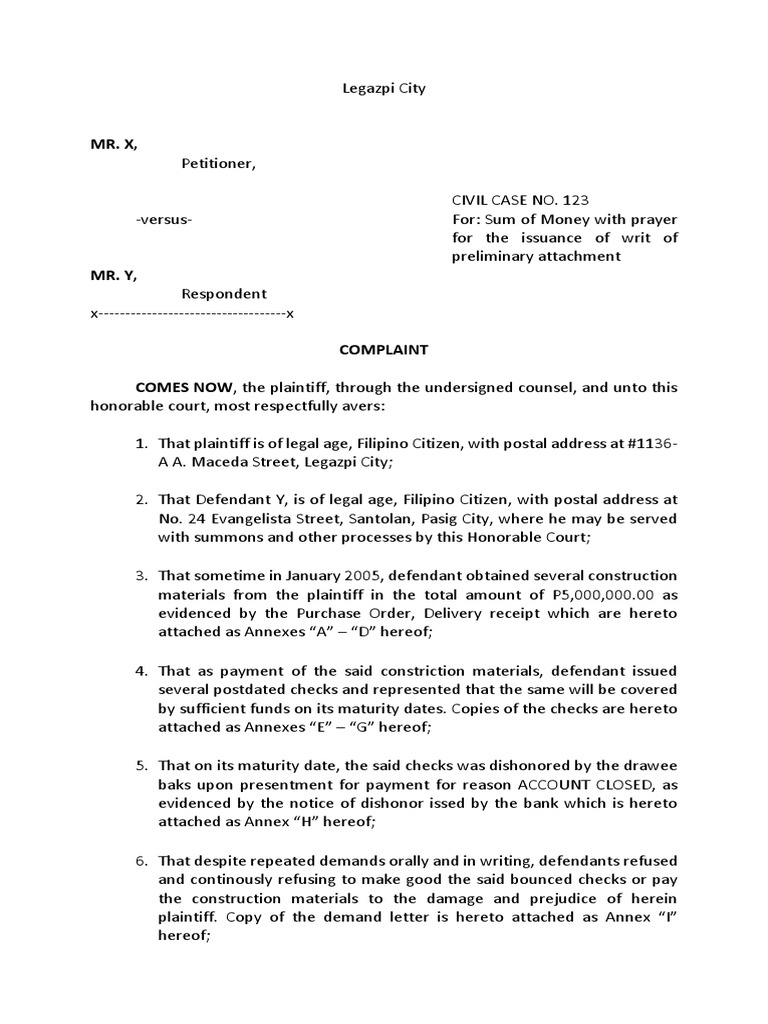 Complaint for Sum of Money with Prayer for Issuance of Writ of ...