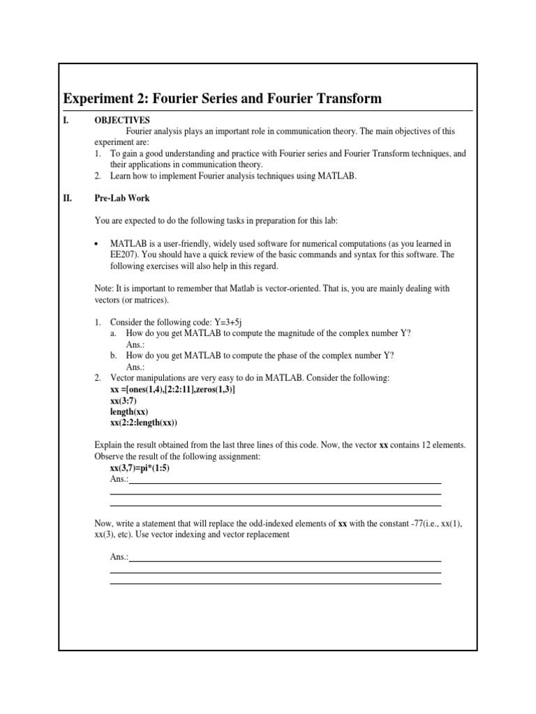 Experiment 2: Fourier Series and Fourier Transform: I. Objectives | PDF ...