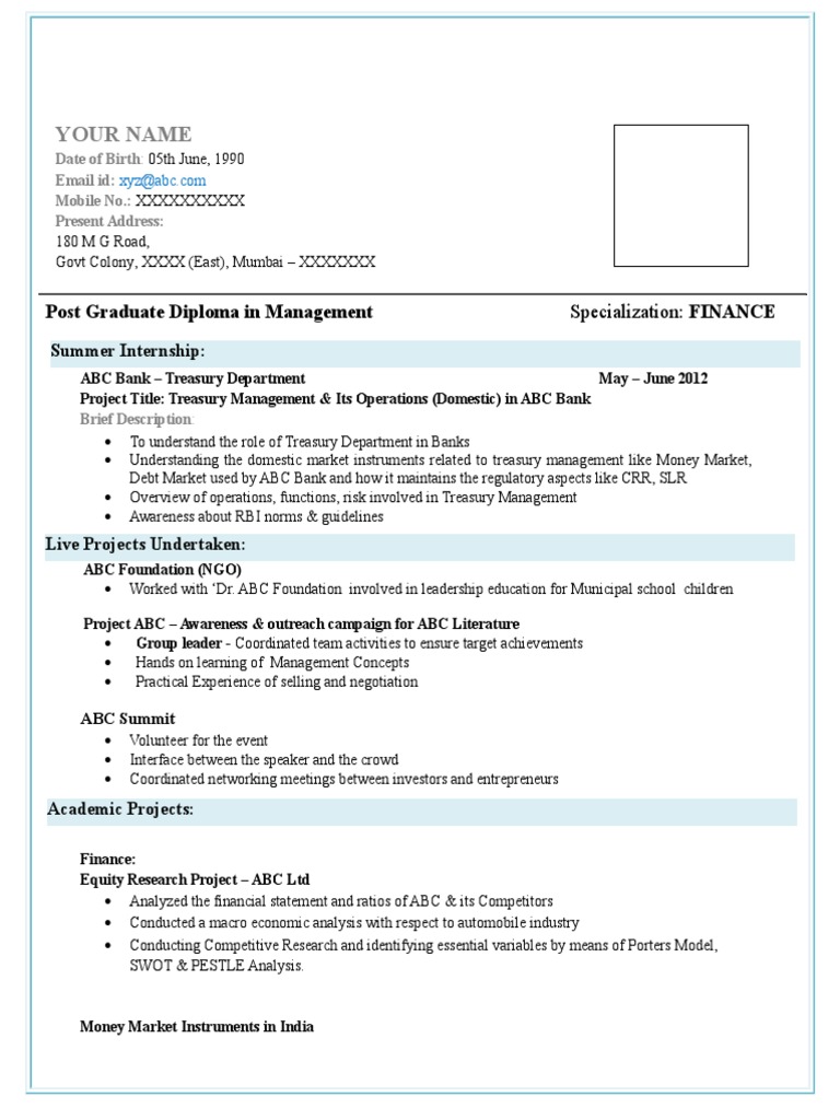 MBA Finance Fresher Resume Template | PDF | Master Of Business ...