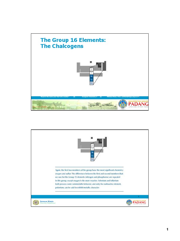 CH 16 Chalcogen The Group 16 Elements | PDF | Sulfur | Oxygen