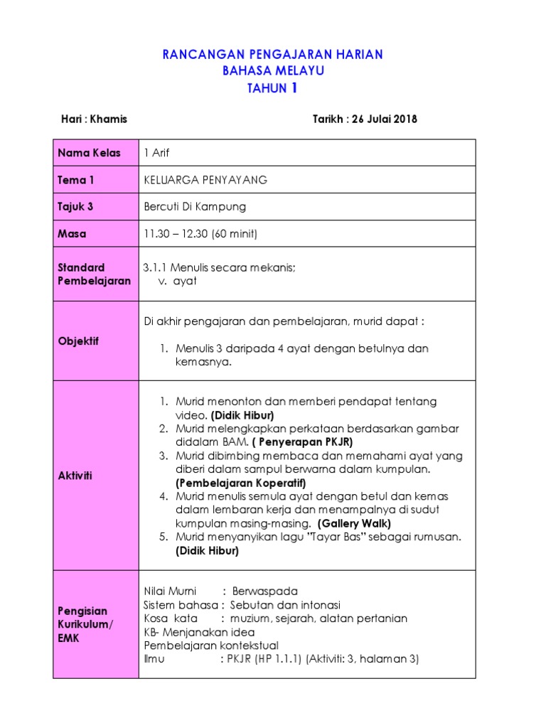 RPH BM Tahun 1 PKJR | PDF | Karier & Perkembangan | Seni & Disiplin Bahasa