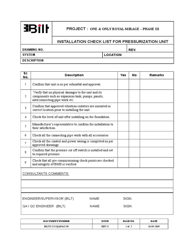 Check List-Pressurization Unit | PDF