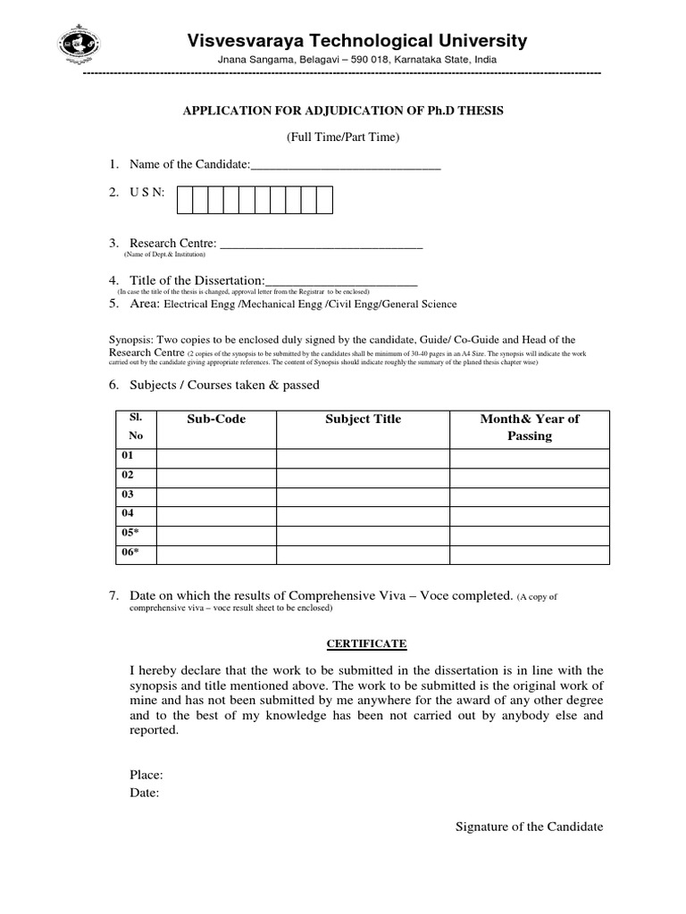 Adjudication PHD Form VTU | PDF | Thesis | Qualifications
