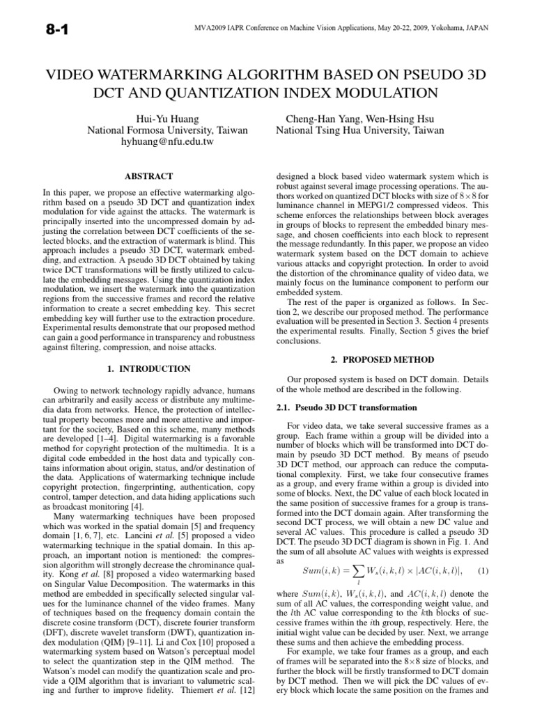 Video Watermarking Algorithm Based On Pseudo 3d Dct And Quantization