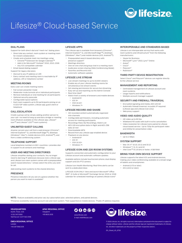 Lifesize Cloud Datasheet English USL | PDF | Ios | Android (Operating System)