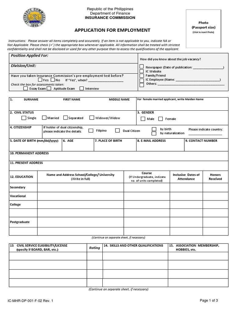 IC Application For Employment Form | PDF | Chronic Condition | Test ...