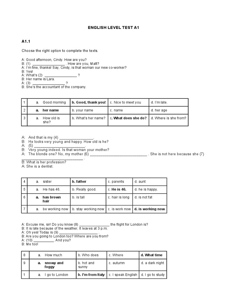 English Level Test A1 | PDF
