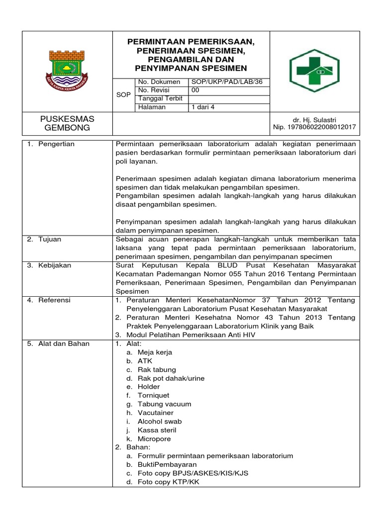 8.1.2. Ep 1 Sop Permintaan Pemeriksaan, Penerimaan Spesimen, Pengambilan Dan Penyimpanan ...