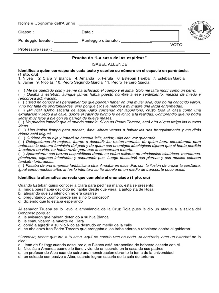 Prueba sobre "La casa de los espíritus" | PDF