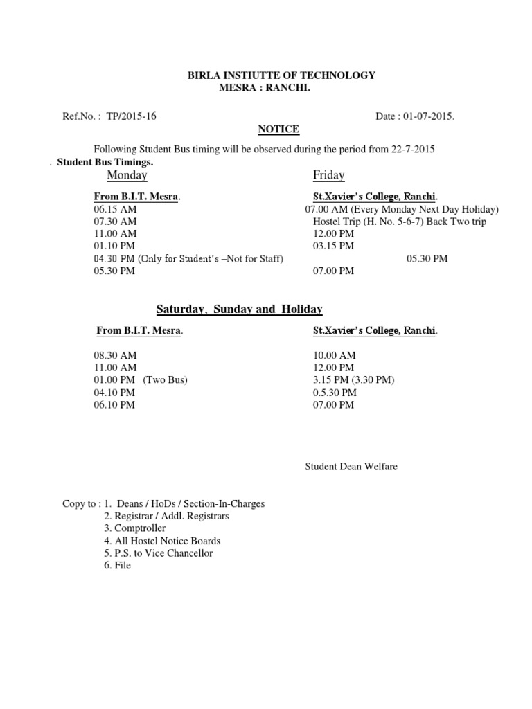 BIT Mesra Student Bus Timings 2015 | PDF