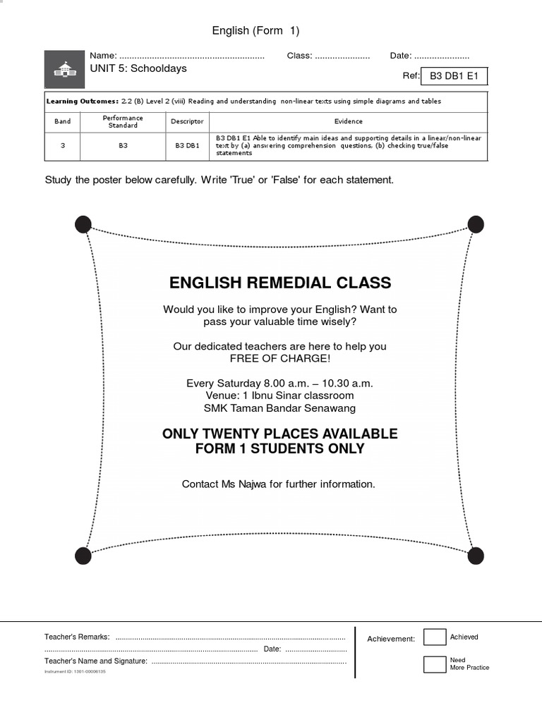 Free English Remedial Class for Form 1 | PDF | Change | Quality Of Life