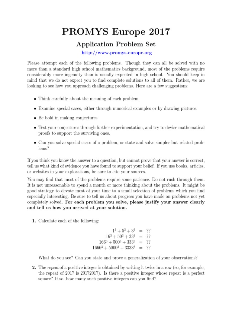 PROMYS Europe 2017 Problem Set | PDF | Mathematical Objects | Numbers