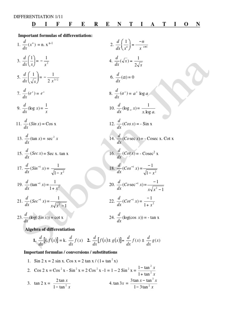 12th DIFFERENTIATION: - Theory & Problems | PDF | Derivative | Subtraction