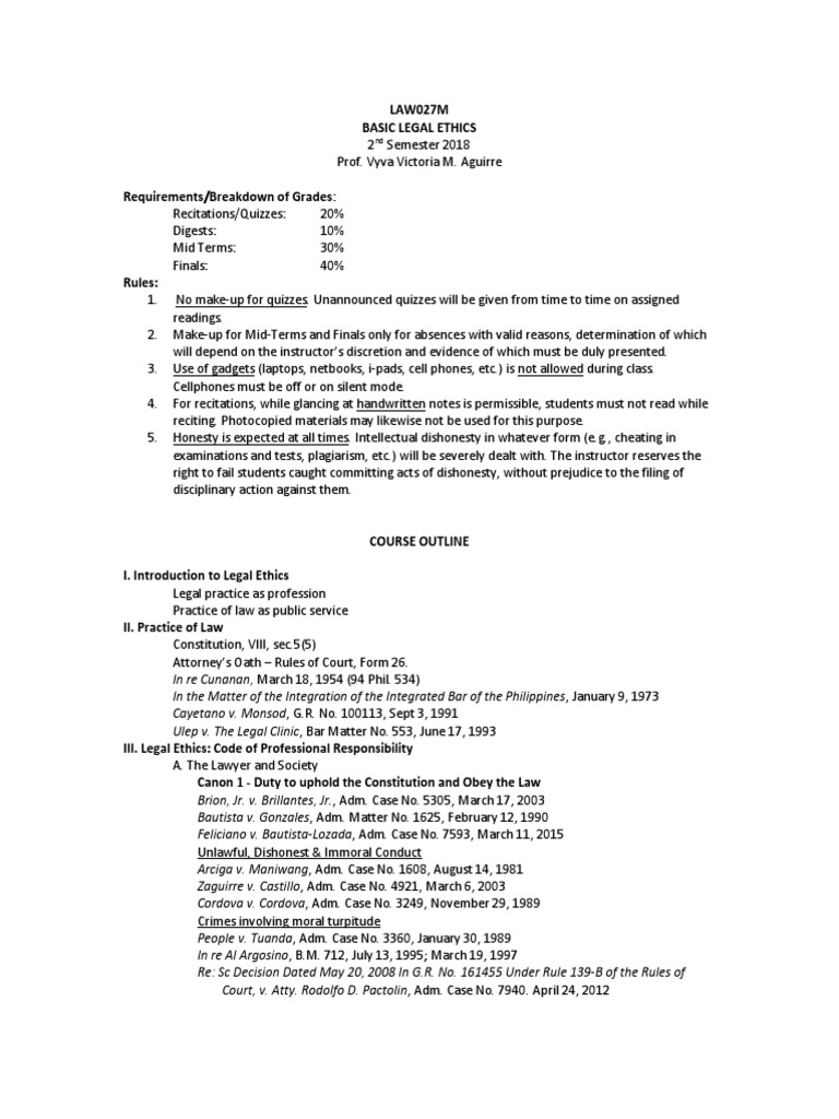 Legal Ethics Course Overview | PDF | Practice Of Law | Lawyer