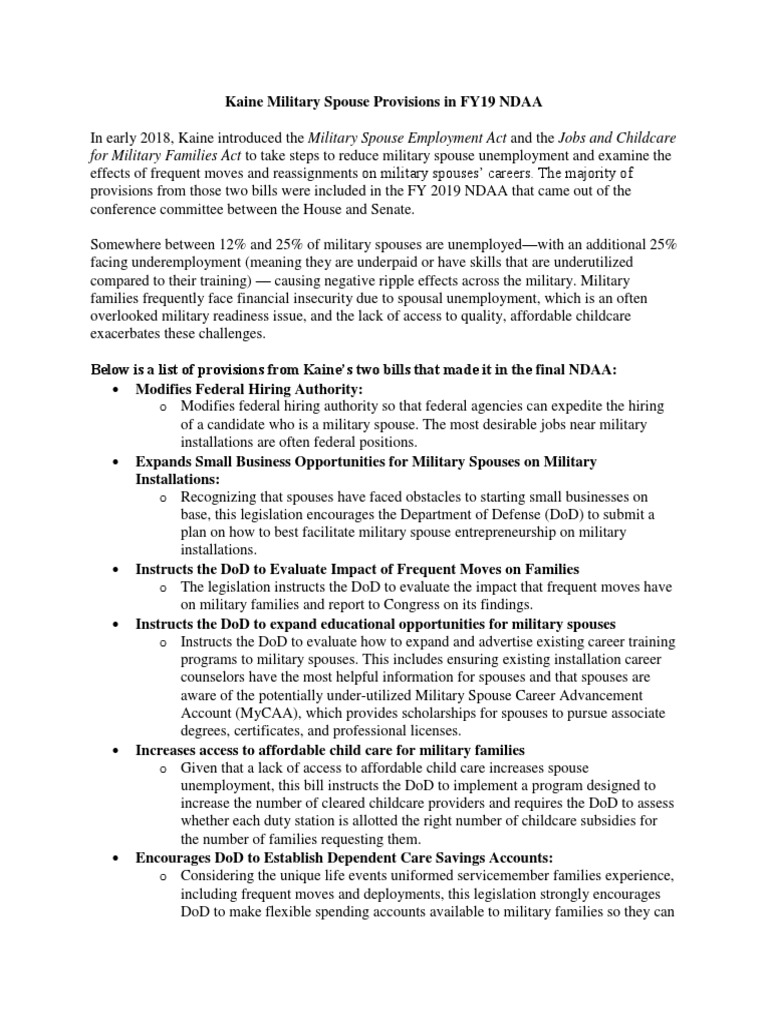 Kaine Military Spouse Provisions in FY19 NDAA | PDF | Child Care ...